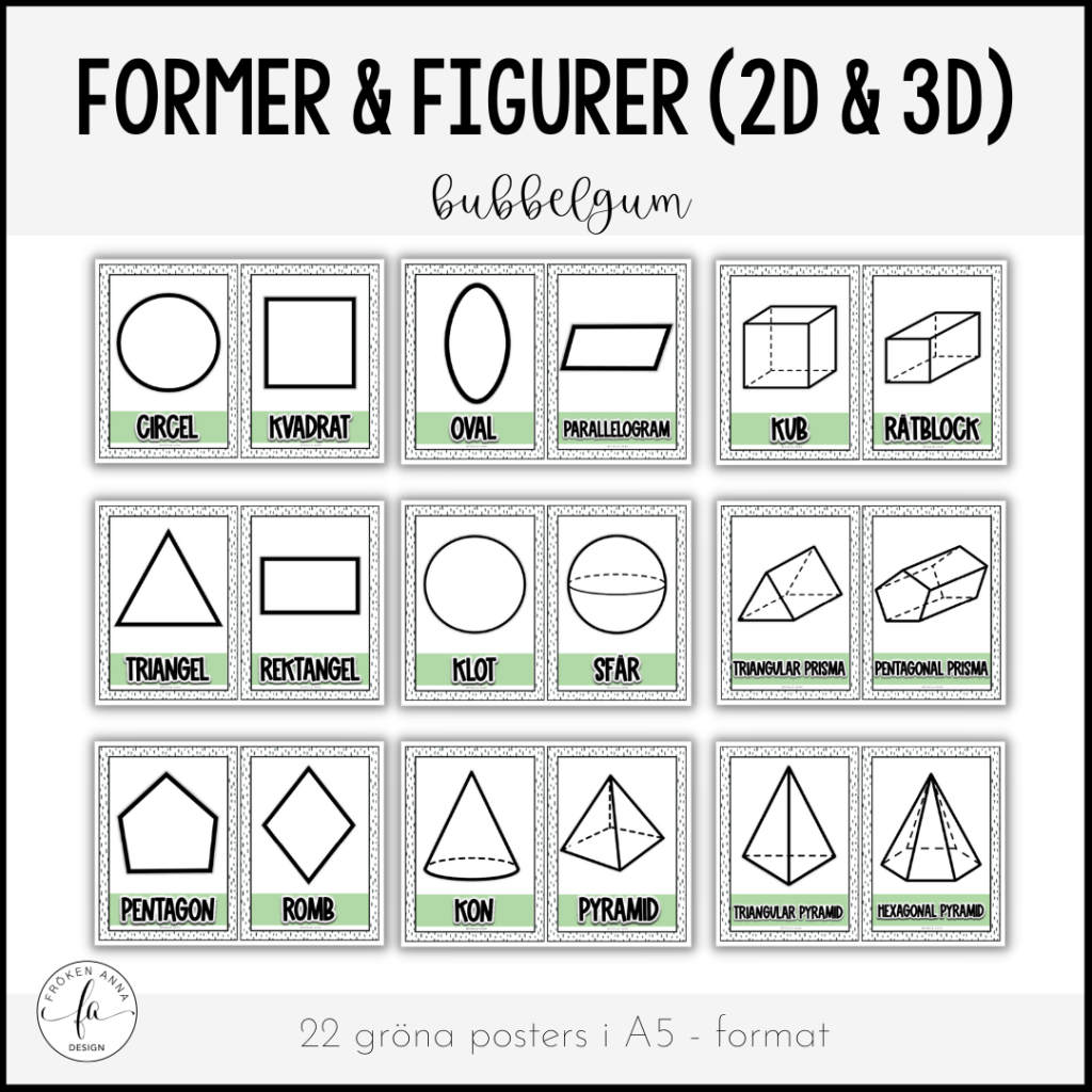 Posters: Geometriska former och figurer 2D & 3D (grön – bubbelgum ...