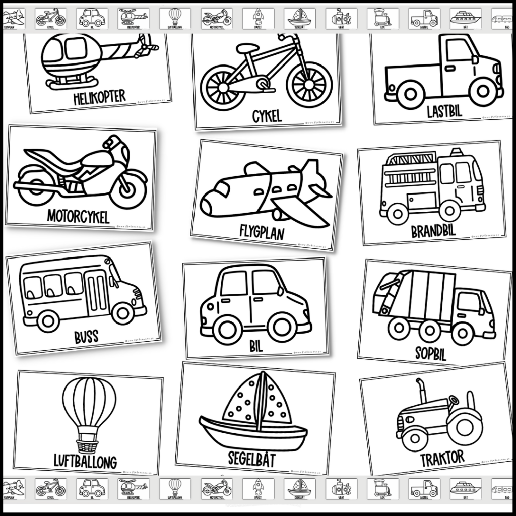 Fordon: 21 målarbilder att färglägga – Fröken Anna